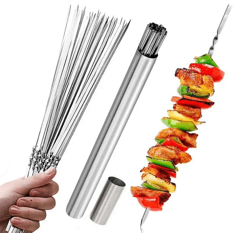 50pcs Durable Stainless Steel BBQ Skewers with 1 Tube Storage