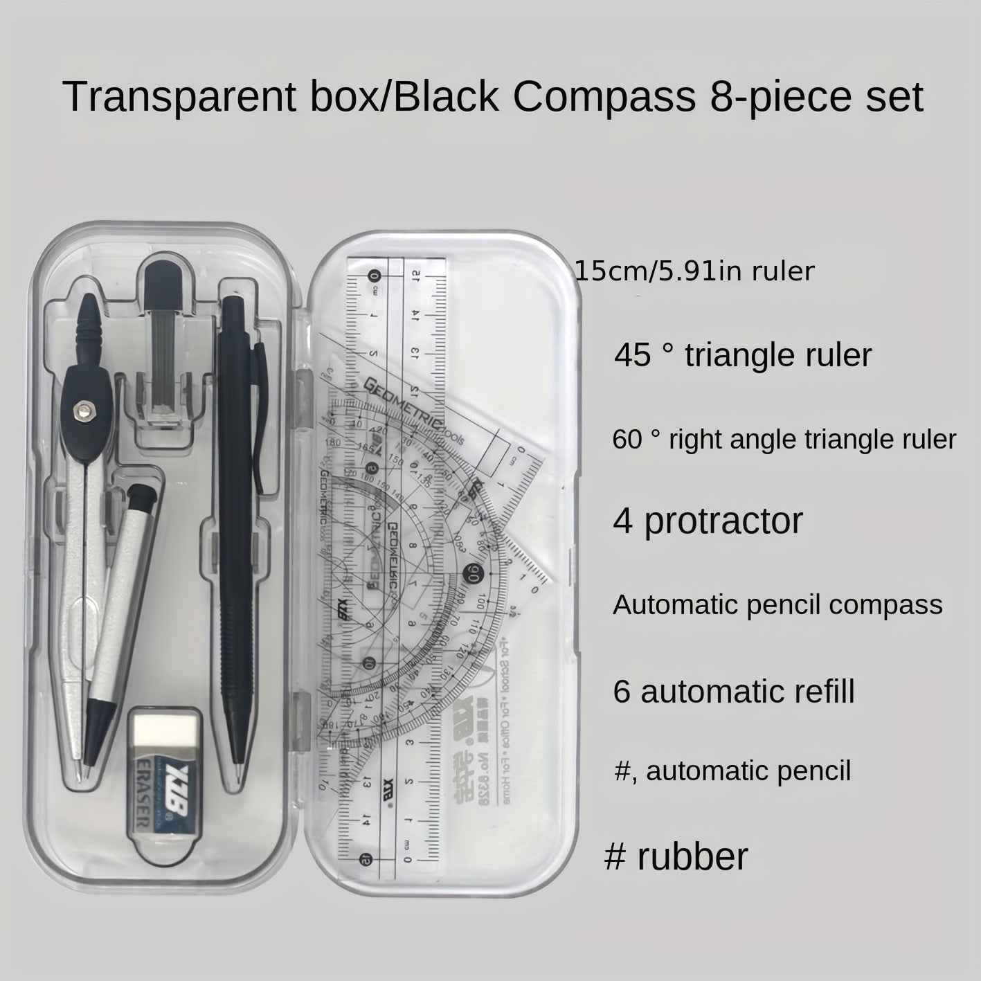 8pcs Transparent Plastic Geometry Compass and Ruler Set
